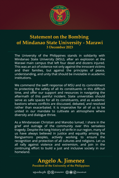 Statement of President Angelo Jimenez on the Bombing of Mindanao State ...