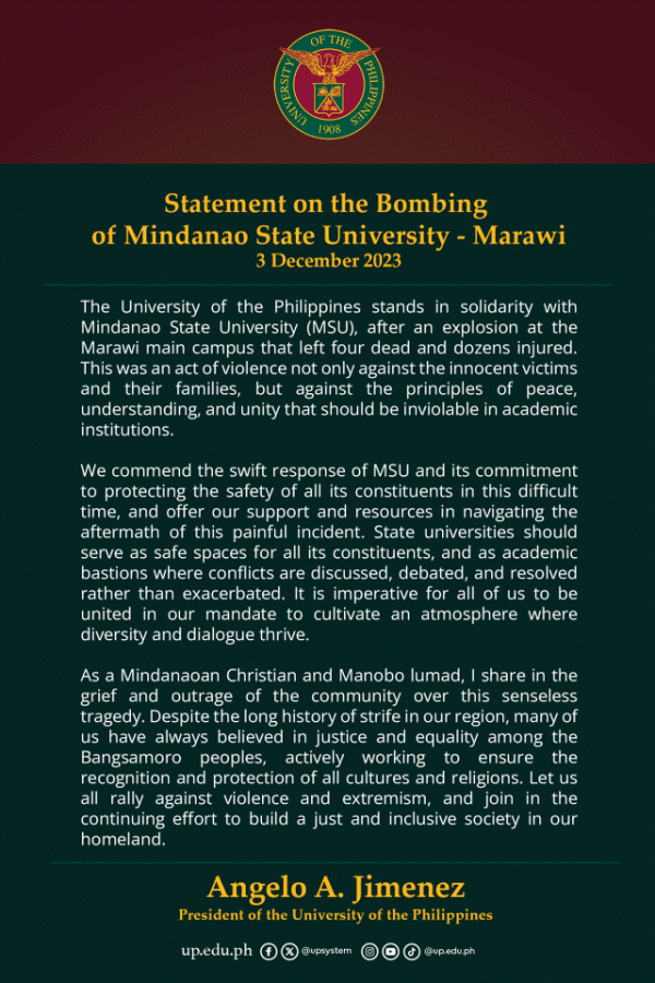 Statement of President Angelo Jimenez on the Bombing of Mindanao State ...